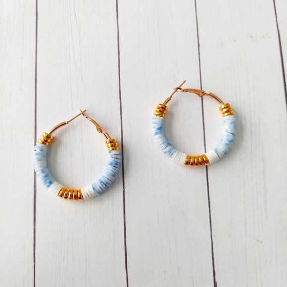 Hand Crafted | Jewelry | Blue And Gold Heishi Clay Bead Hoop Earrings ...